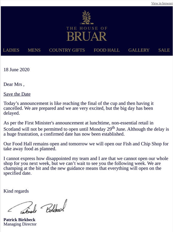 The House of Bruar: An Announcement From Patrick Birkbeck | Milled
