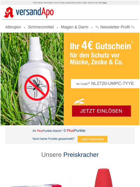 VersandApo: Hier ist Ihr 4 € Gutschein 🦟 Lassen Sie sich nicht ärgern ...