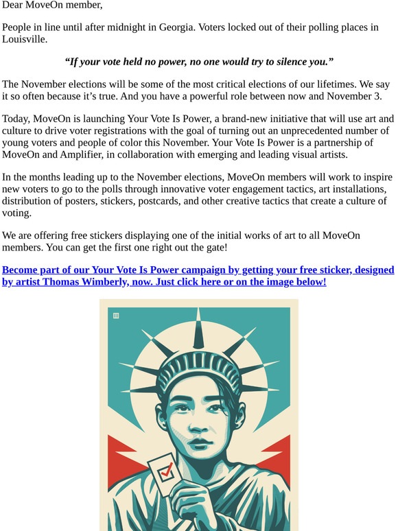 MoveOn: Get your free "Your Vote Is Power" sticker | Milled