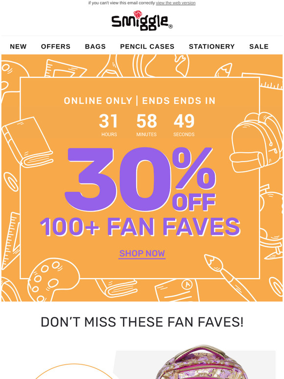 Smiggle: There's still time to shop 30% off 100+ faves! Ends Monday ...