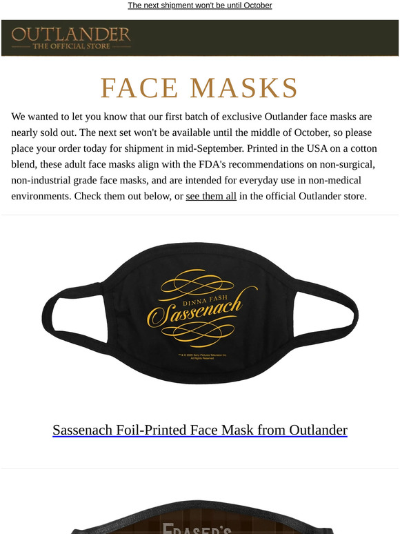 Outlander: Get the first shipment of Outlander Face Masks | Milled