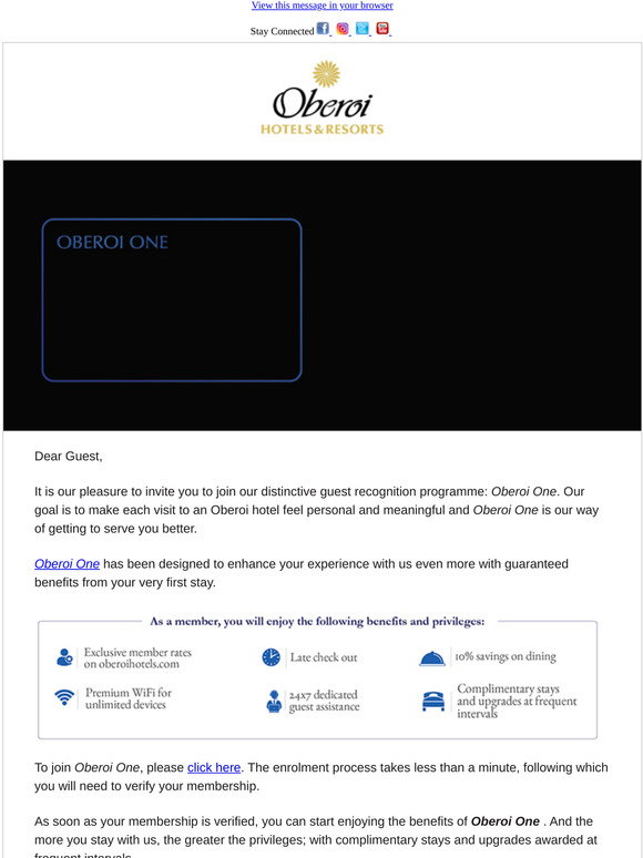 Oberoi Hotels: Your invitation to join Oberoi One | Milled
