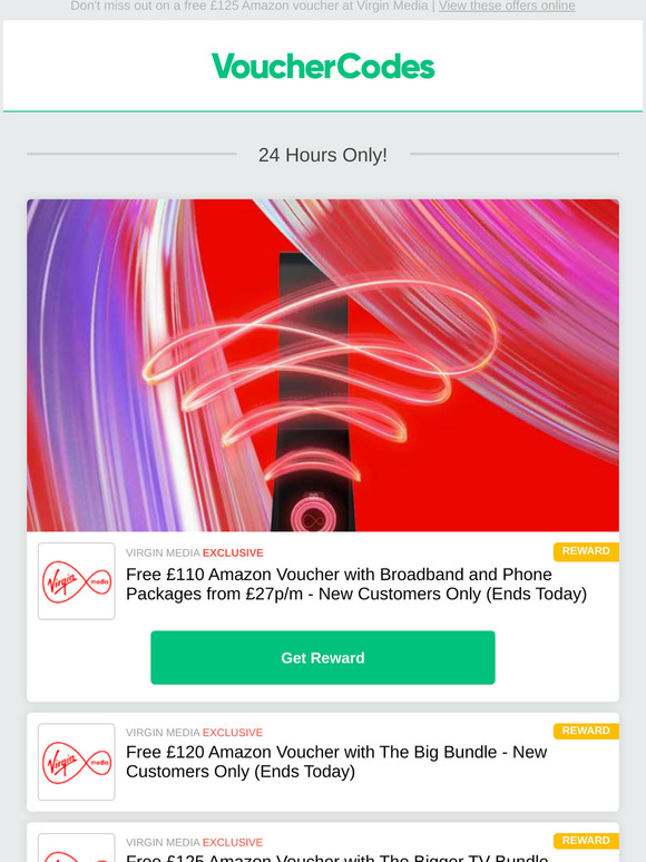 VoucherCodes: Virgin Media - Free £125 Amazon voucher - 24 hours only ...