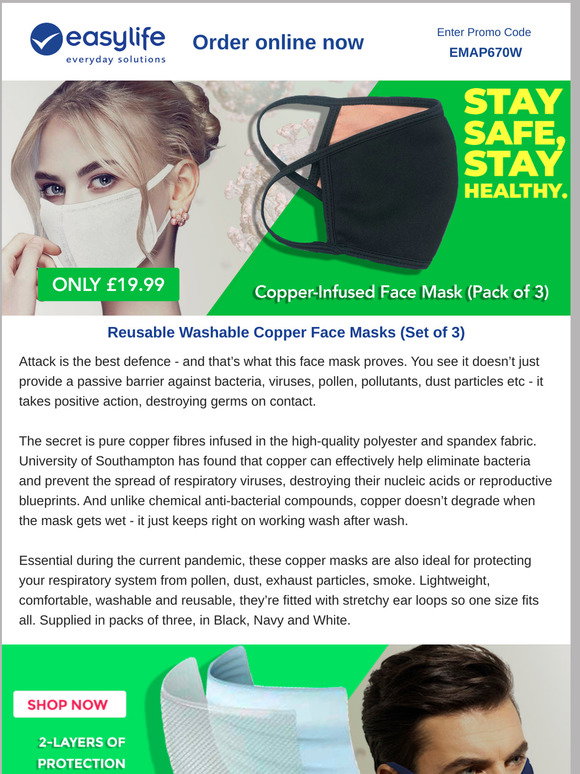 Easylife: ⛨ Our Packs Of 3 Copper-Infused Face Masks Are Now Only £19. ...