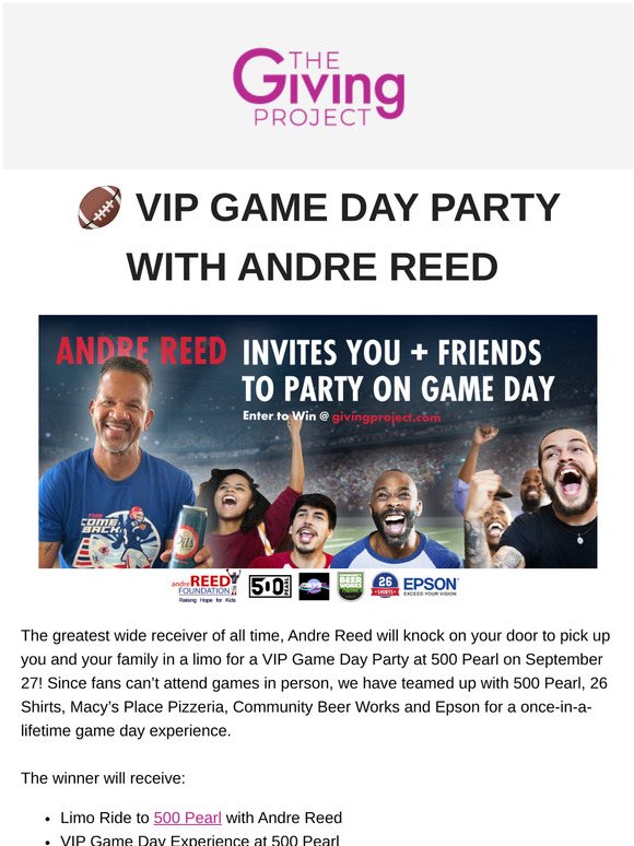 The Giving Project: Enter to Win a VIP Game Day Party with Andre Reed ...