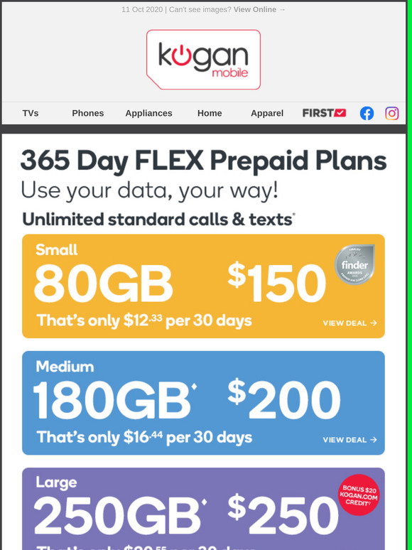 Kogan: Award-Winning Value! 365 Day FLEX Prepaid Plans from $150 | Milled