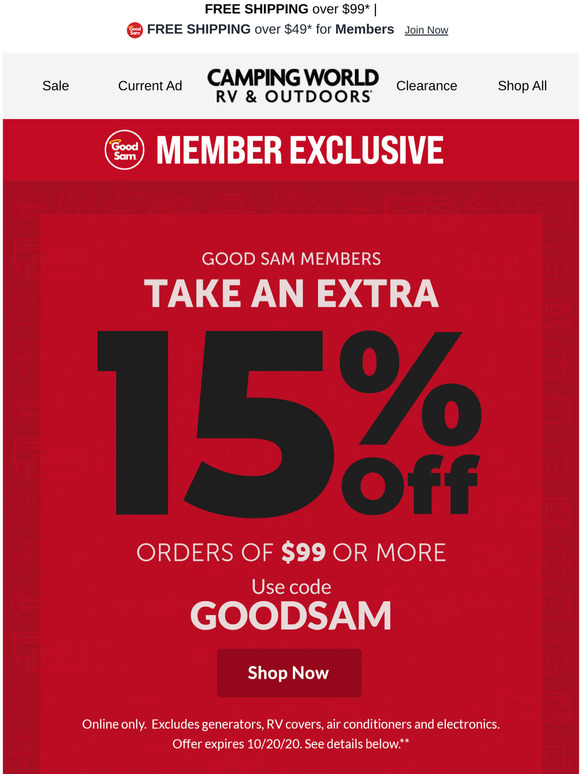 Camping World: Good Sam Members Save an Extra 15% on Order of $99+ | Milled