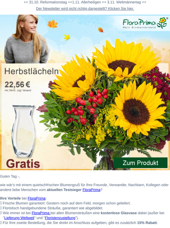 Flora Prima: Farbenfrohe Herbst-Blumengrüße. Jetzt ab 16,67 mit Gratis-Geschenken verschicken ...