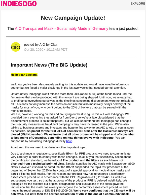 Indiegogo: 📢 Update #9 from AIO Transparent Mask - Sustainably Made in ...