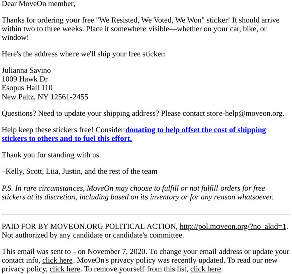 MoveOn: Your free "We Resisted, We Voted, We Won" sticker is on the way ...