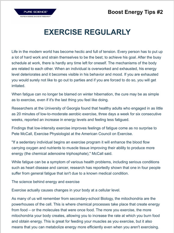 Pure Science Supplements: Boost Energy Tips #2: Exercise Regularly | Milled