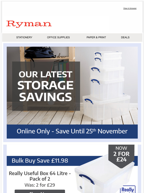 Ryman: 2 for £24 on 64L Really Useful Boxes | Milled