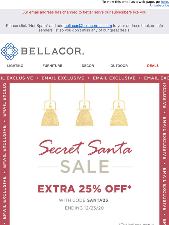 Bellacor: Shh…Secret Santa Sale Extra 25% Off Just For You! | Milled