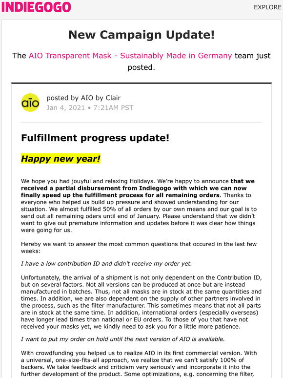 Indiegogo: 📢 Update #15 from AIO Transparent Mask - Sustainably Made in ...