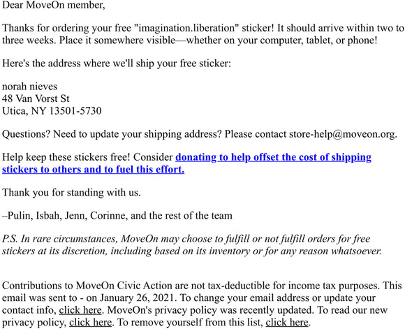 MoveOn: Your free "imagination.liberation" sticker is on the way! | Milled