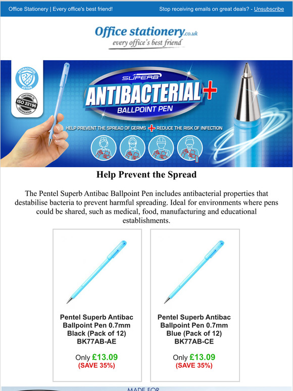 Office Stationery: NEW Pentel Superb Antibacterial Ballpoint Pen | Milled