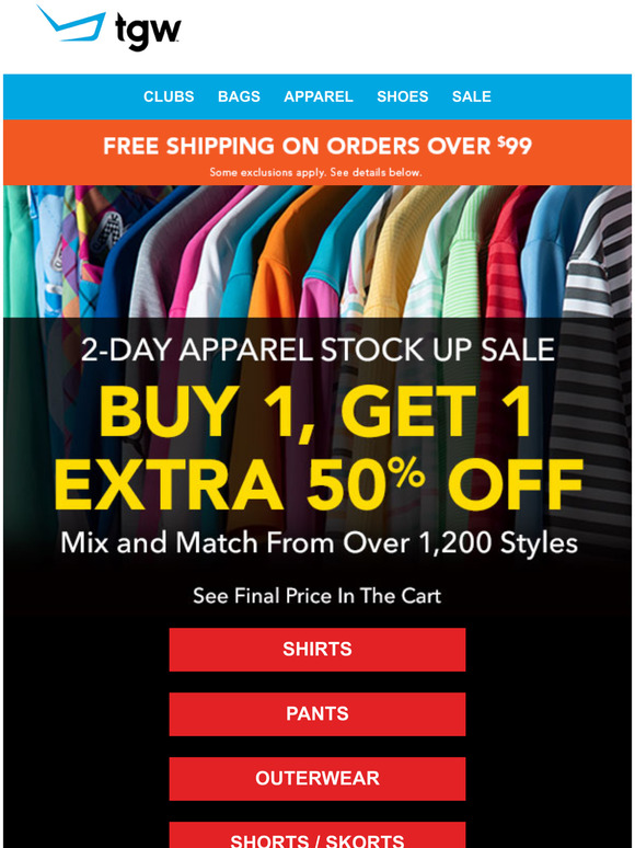 The Golf Warehouse: Buy 1 Get 1 Extra 50% Off Apparel - Mix & Match Over 1,200 Styles | Milled