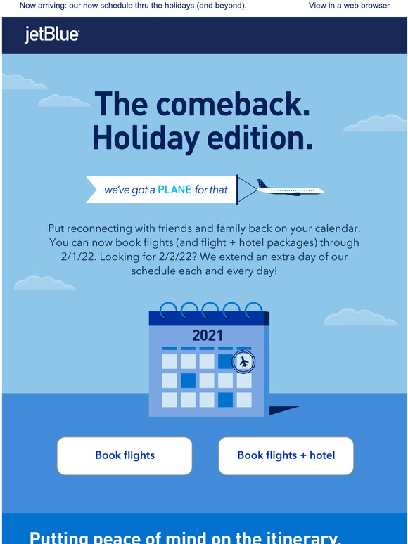 JetBlue: Book travel through 2/1/22 now. | Milled