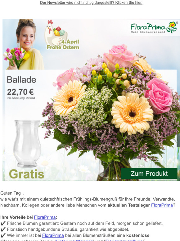 Flora Prima: Verschicken Sie den Blumenstrau-Klassiker Ballade mit Gratis-Vase fr 22,70 | Milled
