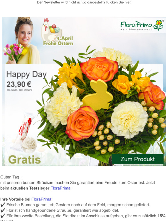 Flora Prima: Zum Osterfest herrlich frhlingsfrische Blumengre mit Gratis-Raffaello ab 22,70 ...