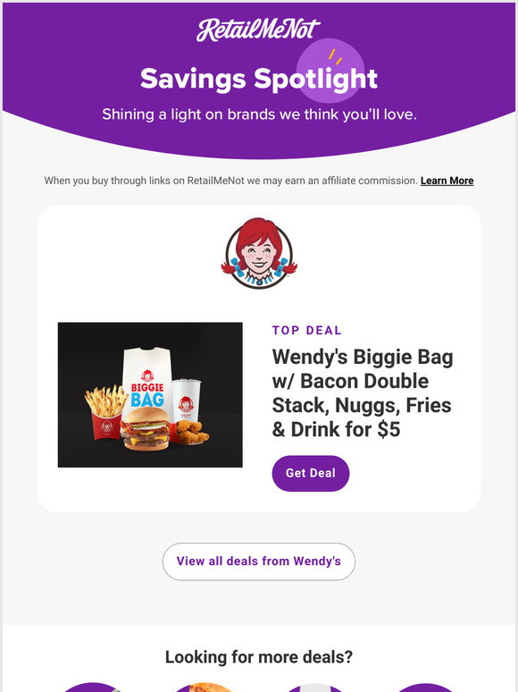 RetailMeNot: Wendy's: Biggie Bag Meals Are Just $5! | Milled