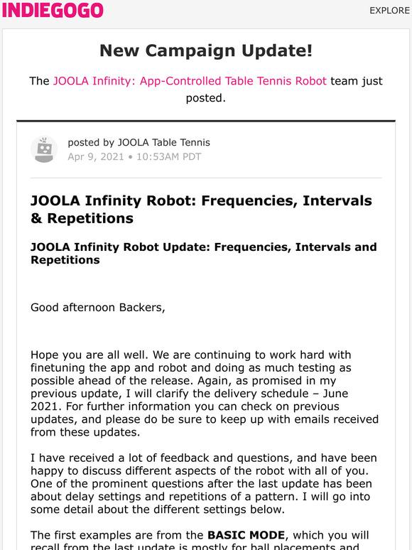 Indiegogo: Update #21 from JOOLA Infinity: App-Controlled Table Tennis ...