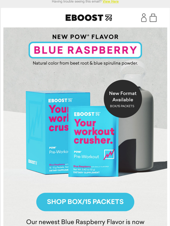 EBOOST: POW Blue Raspberry: Now available in Box/15 Packets! | Milled