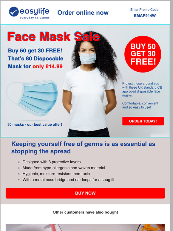 Easylife: Face Mask Sale- Stay Safe- Buy 50 Get 30 Free | Milled