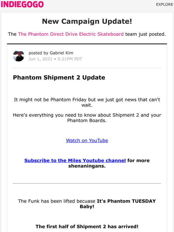 Indiegogo: Update #55 from The Phantom Direct Drive Electric Skateboard ...