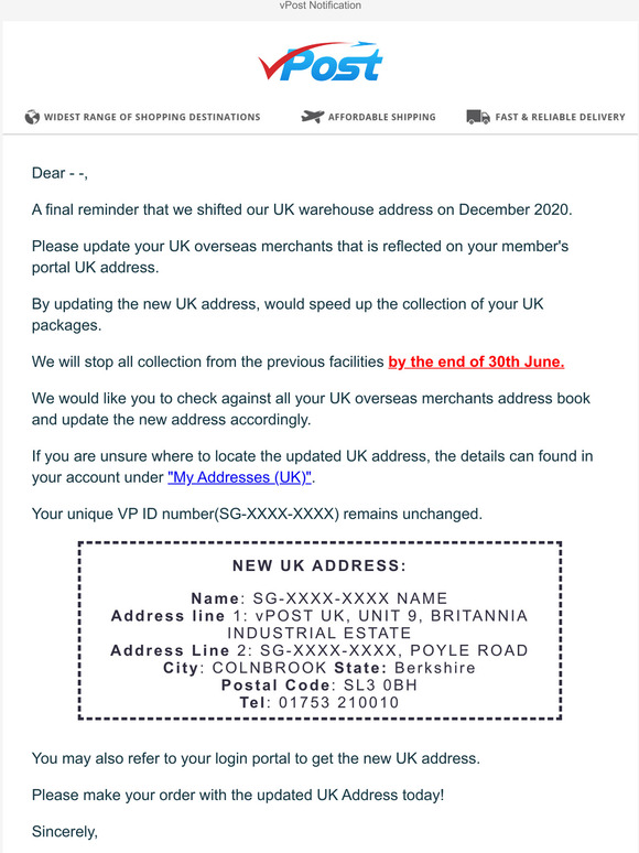 vPost: vPOST Important Notice - Change of vPOST UK Warehouse address ...