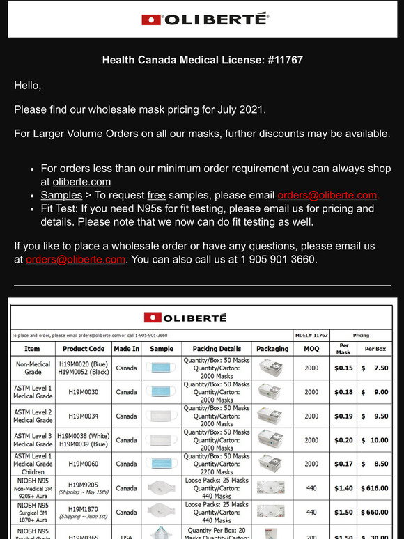 Oliberté: Oliberte Health July 1st 2021 Mask Pricing | Milled