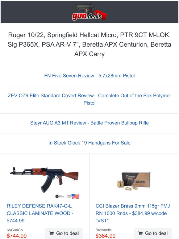 Gun.Deals: 9mm Ammo In Stock, Steyr Aug A3 M1, Riley RAK47, Beretta CX4 ...