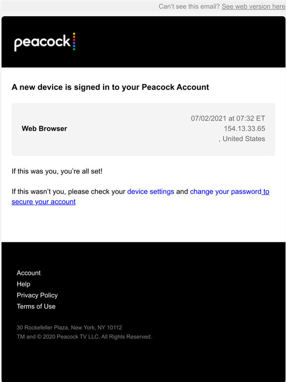 Peacock TV: A new device is signed into your Peacock Account | Milled
