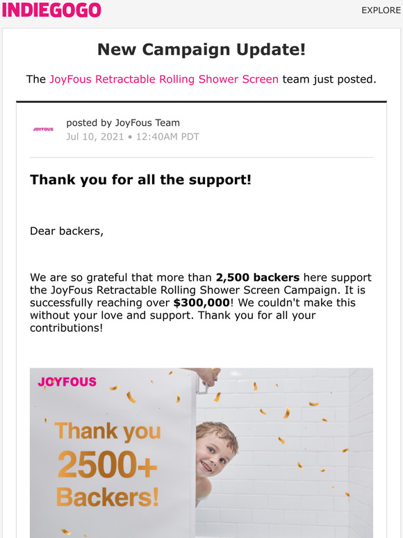 Indiegogo: Update #7 from JoyFous Retractable Rolling Shower Screen ...