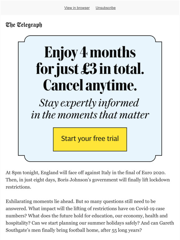 The Telegraph: Euro 2020 final offer: 4 months for just 3. Cancel ...