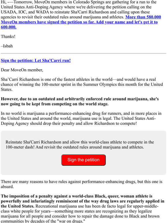 MoveOn: SIGN: 600K for the 100M (Sha'Carri Richardson petition) | Milled