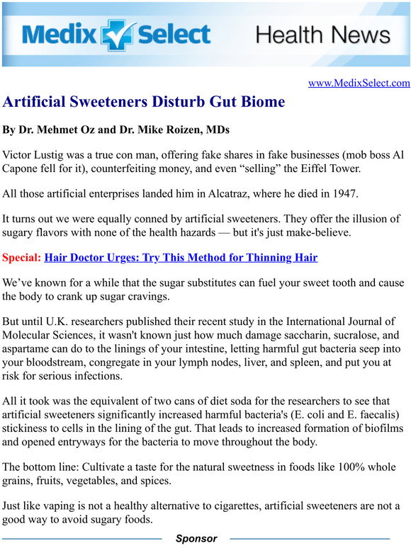 Medix Select: Dr. Oz: Artificial Sweeteners Disturb Gut Biome | Milled