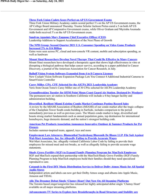 PRWeb: PRWeb Daily Digest for --on Saturday, July 24, 2021 | Milled