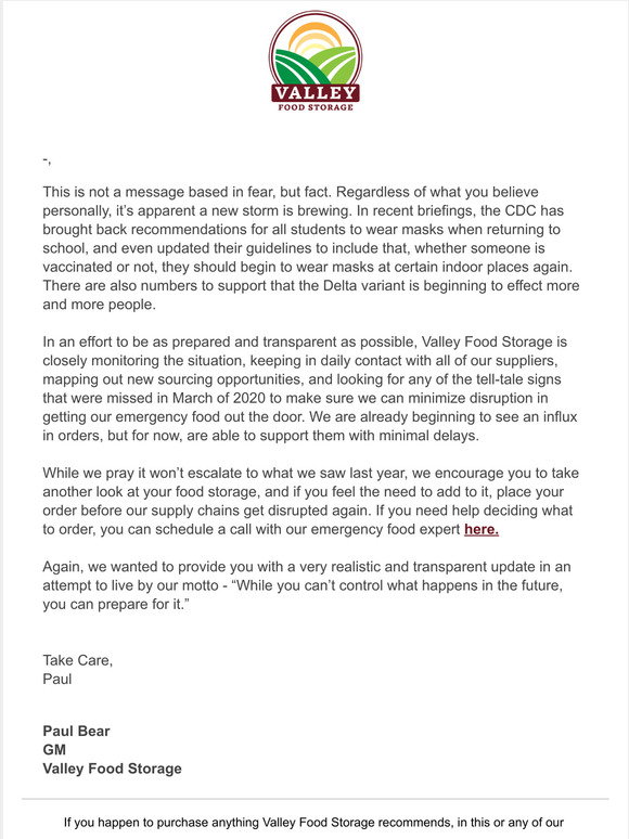 Valley Food Storage: A Letter From Paul B. | Milled