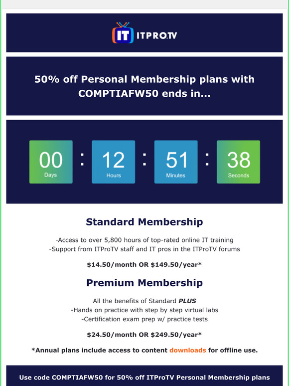 ITProTV: Only a few hours left to save 50% on ITProTV w/ COMPTIAFW50 ...