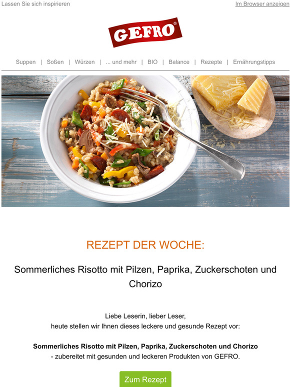 GEFRO: GEFROs Rezept der Woche: Sommerliches Risotto mit Pilzen, Paprika, Zuckerschoten und ...