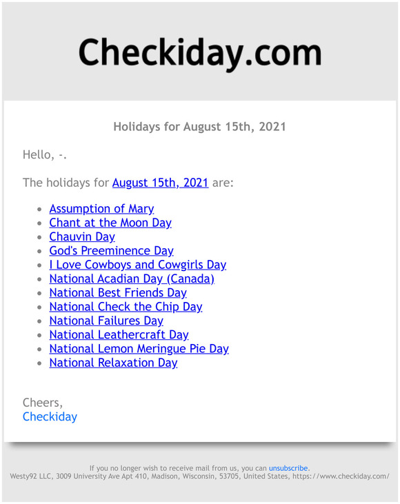 Checkiday: Holidays for August 15th, 2021! | Milled
