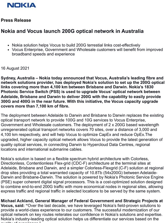 Withings: Nokia and Vocus launch 200G optical network in Australia | Milled