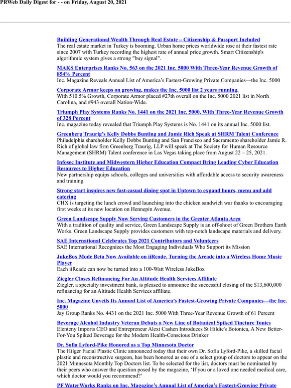 PRWeb: PRWeb Daily Digest for --on Friday, August 20, 2021 | Milled