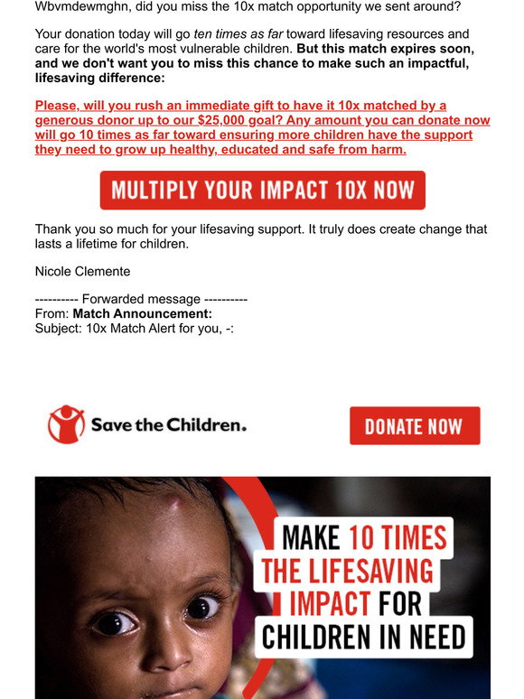 Save the Children: FWD: 10x match expires soon | Milled