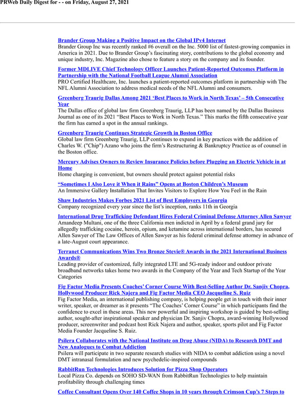 PRWeb: PRWeb Daily Digest for --on Friday, August 27, 2021 | Milled