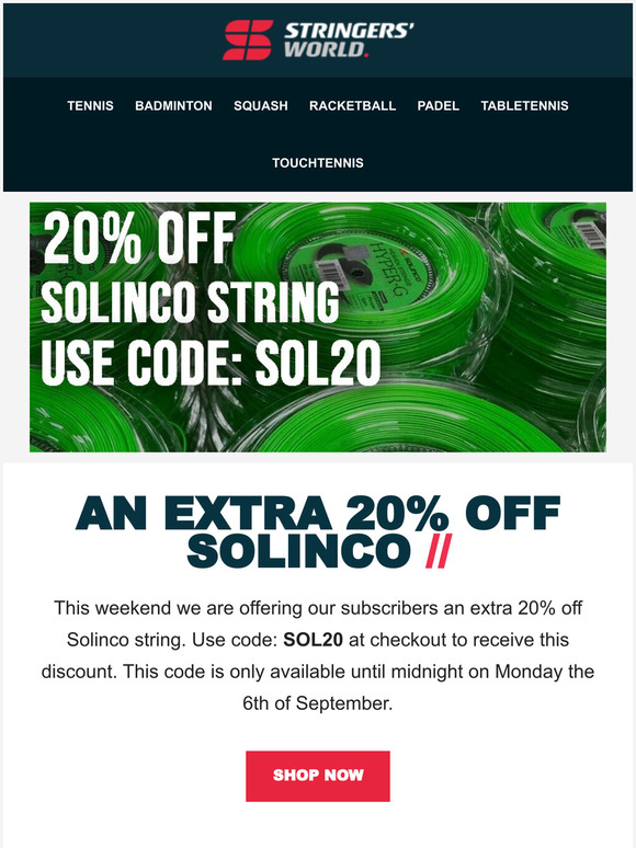 Stringers' World: An Extra 20% Off Solinco String | Milled