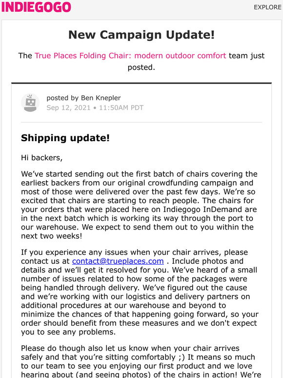 Indiegogo: Update #12 from True Places Folding Chair: modern outdoor ...