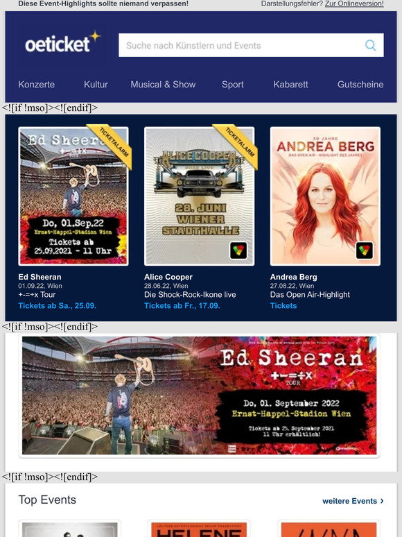 oeticket: Ed Sheeran | Alice Cooper | Andrea Berg | uvm. | Milled