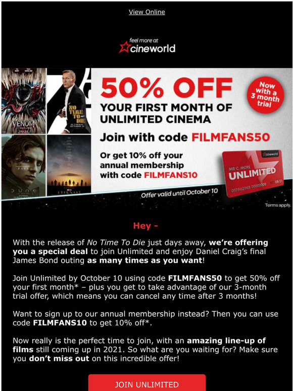 Cineworld: Get 50% off your first month of Unlimited! | Milled